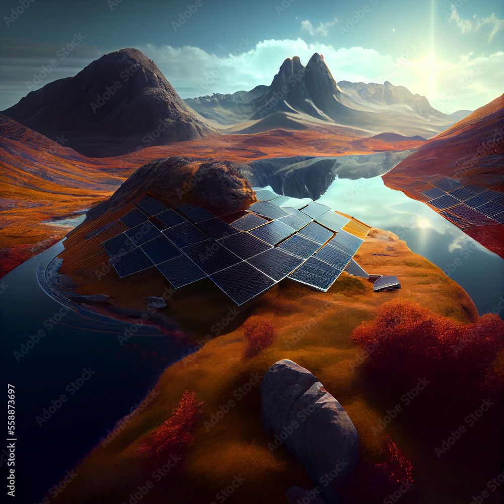 Solar panels in nature, created with Generative AI technology. Stock ...