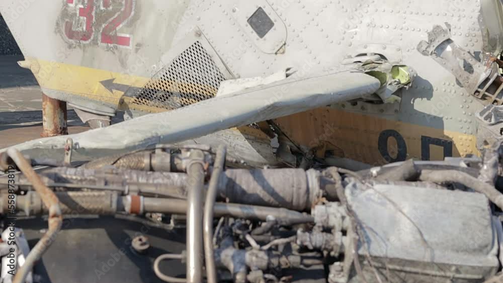 Detail of the Mi-24 helicopter. Remains of a destroyed Russian Air ...