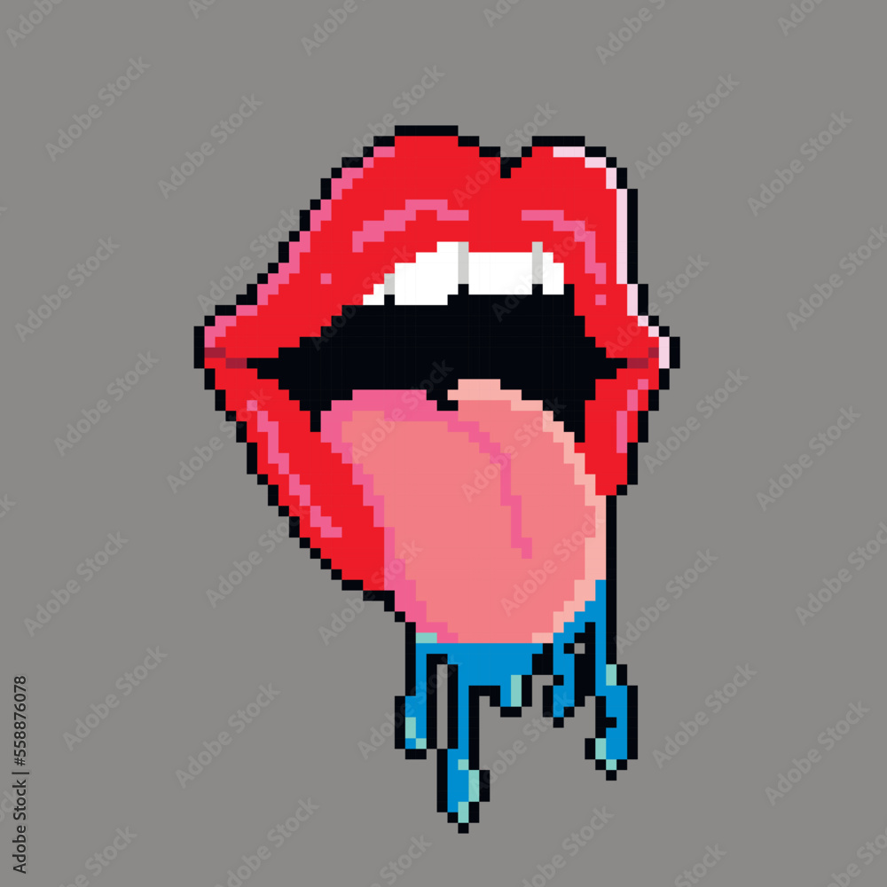 Lips of a woman in red lipstick and tongue vector illustration in pixel ...