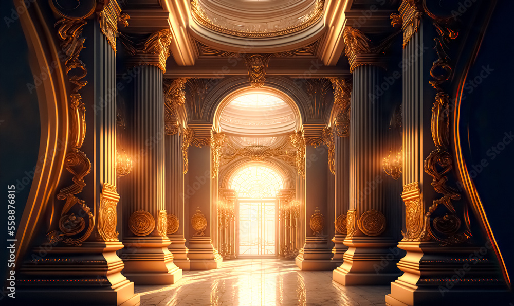 A realistic fantasy interior of the palace. golden palace. castle ...