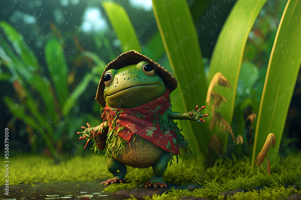 cute green frog dance in the rain, cartoon style, generative ai Stock ...