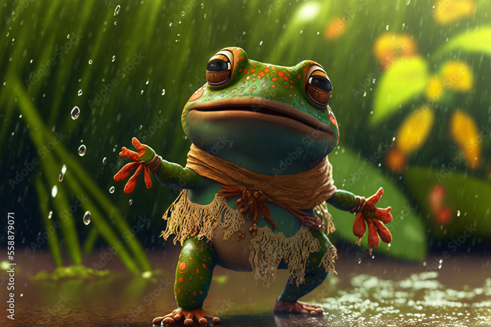 cute green frog dance in the rain, cartoon style, generative ai Stock ...