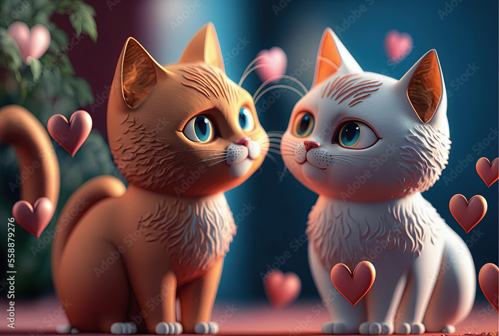 Cartoon Style, zwei verliebte süße Katzen, Generative AI Stock ...