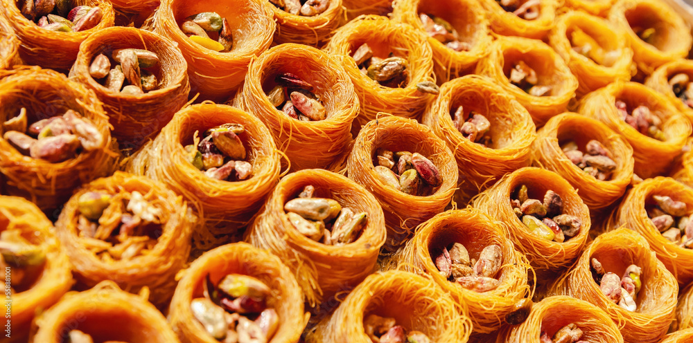 Kataifi Kadayif Kunafa Baklava Pastry Nests. Close up view of delicious ...