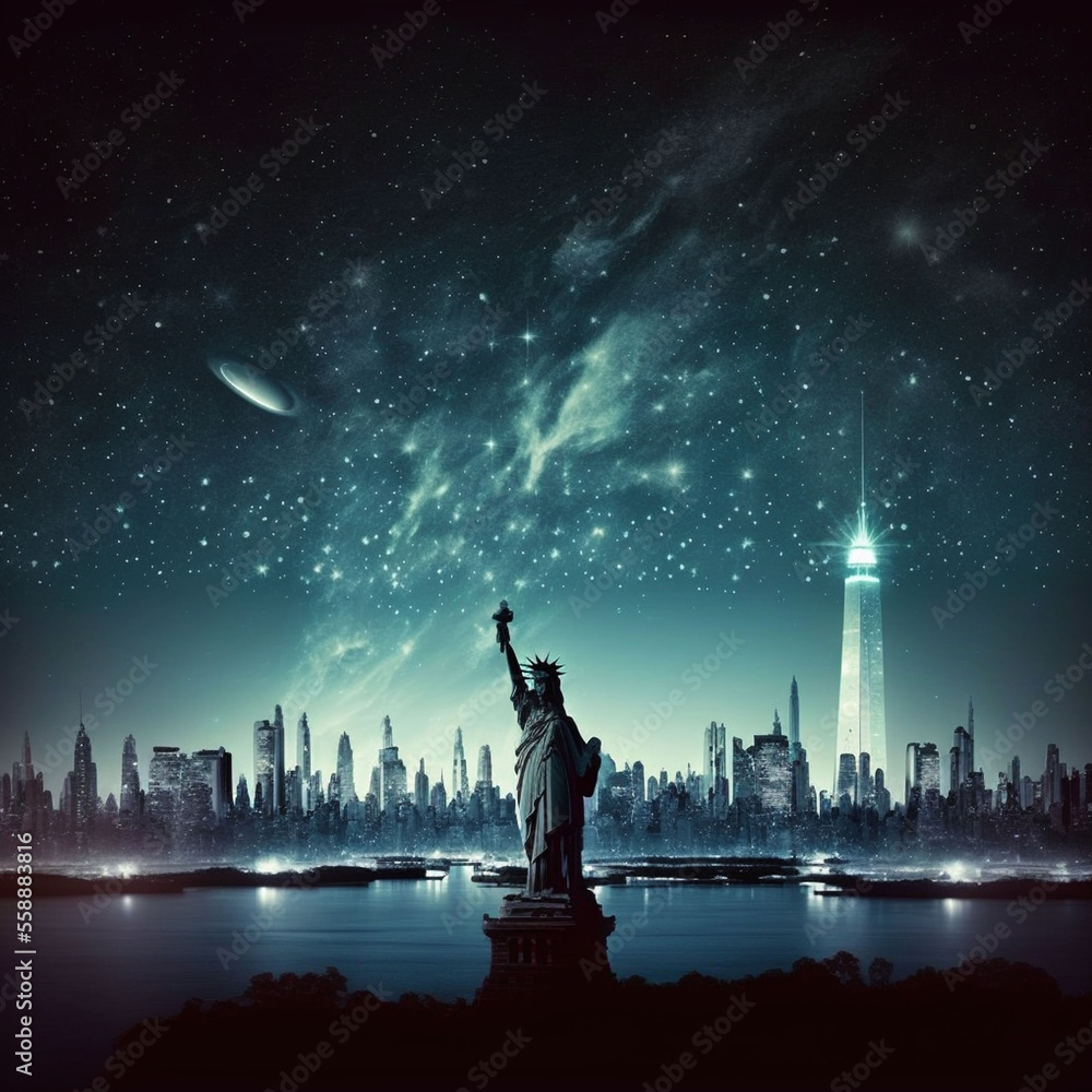 New York City's night skyline with shooting stars overlooking the ...