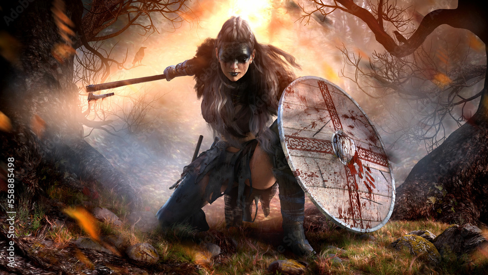 A creepy Viking woman with a bloody axe and shield in a low fighting ...