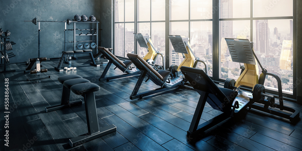 Body Building Center Inside a Penthouse Recreation Area - panoramic 3D ...