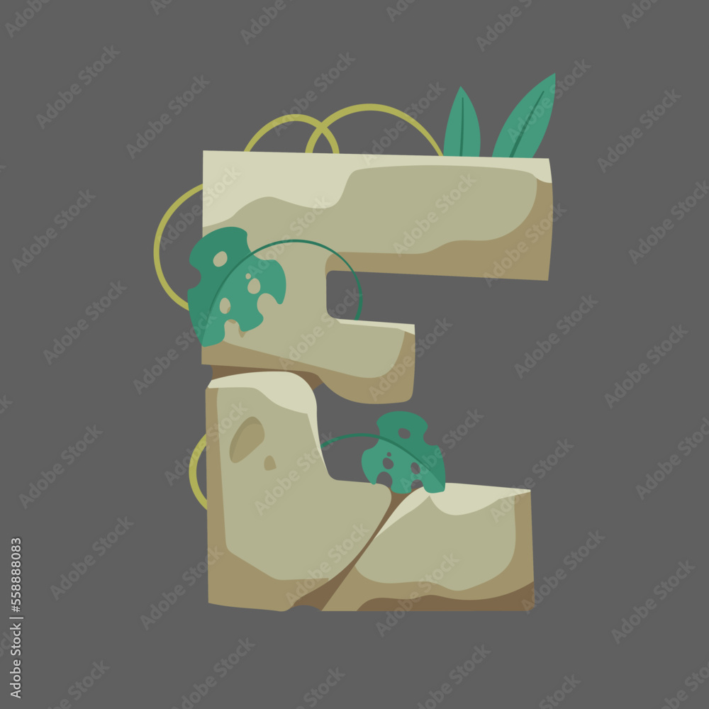 Stone letter E vector illustration. Medieval or stone age style font ...