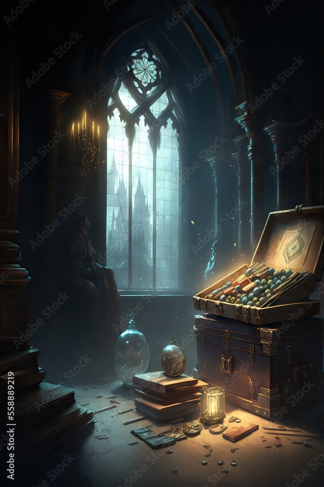 Treasure chest in the gothic castle, near window. Fantasy interior ...