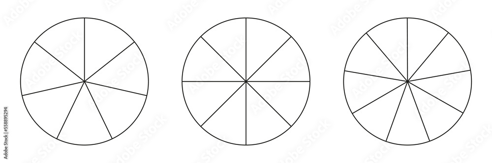 Pie chart, diagram set, seven, eight and nine sections or steps. Circle ...
