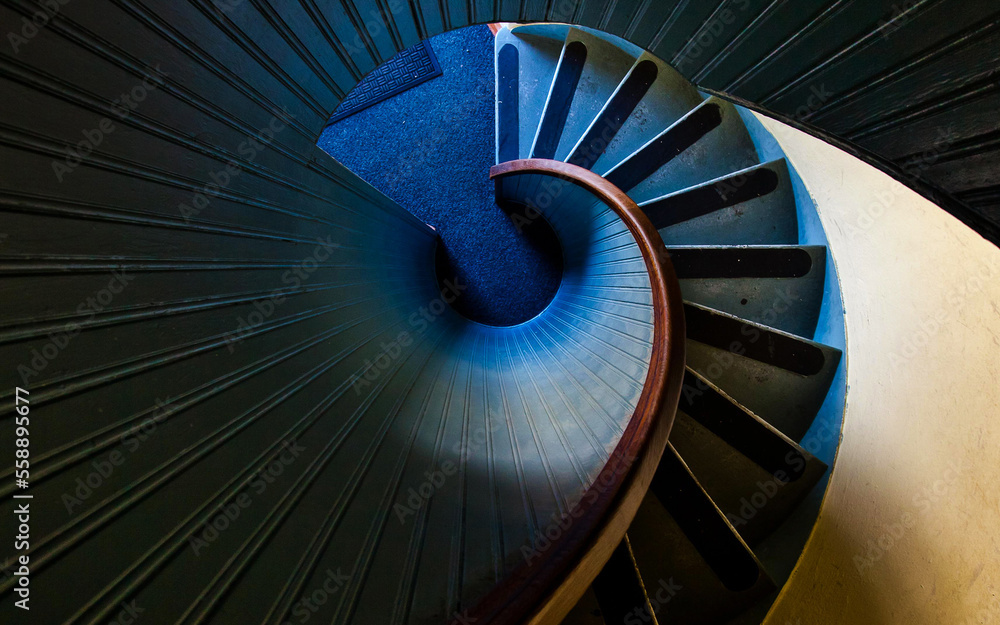 high angle photography of blue spiral staircase blue and black spiral ...