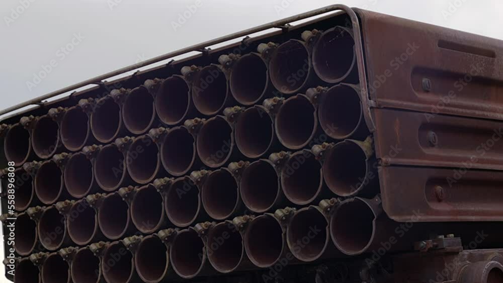 The old Soviet multiple launch rocket system BM-21 Grad on the chassis ...