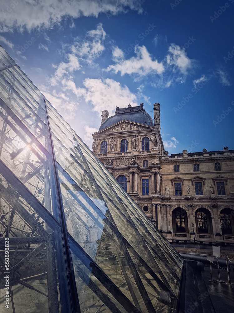 Outdoors view to the Louvre Museum in Paris, France. Vertical shot of ...