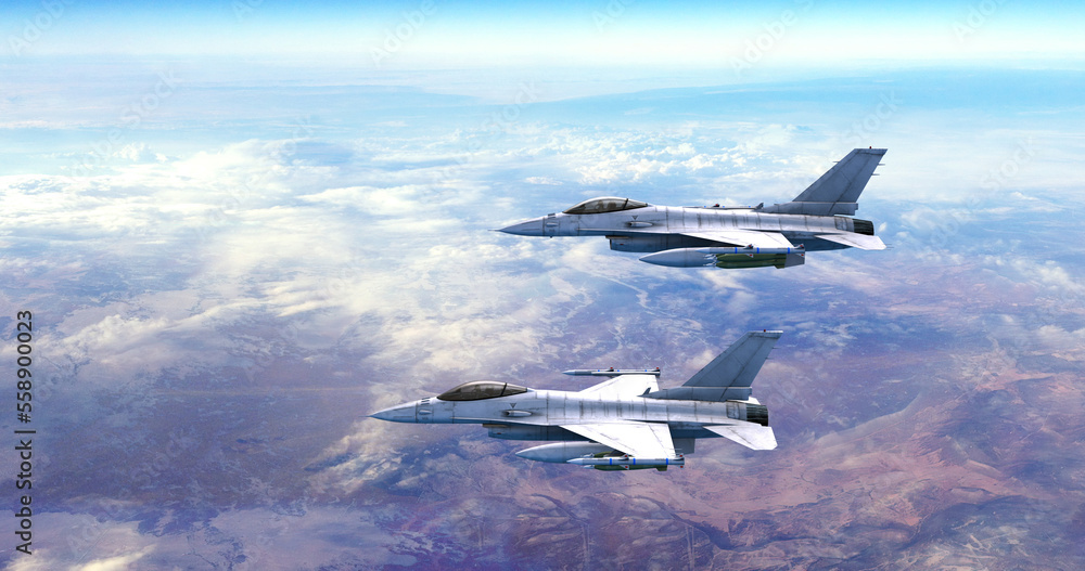 Military Fighter Jets Flying Together Over Clouds. Aerial View. War And ...