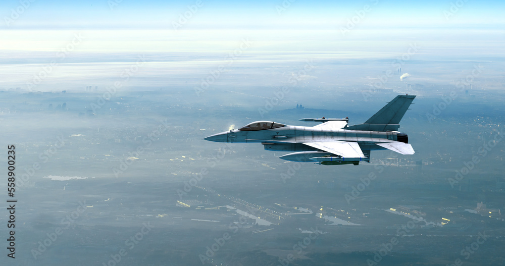 Military Fighter Jet Flying Over The City. High Above The Clouds. War ...