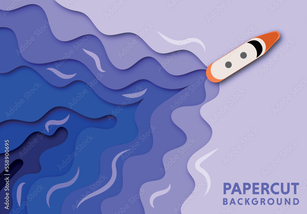 Top view river and yacht in paper cut style. 3d seaside background with ...