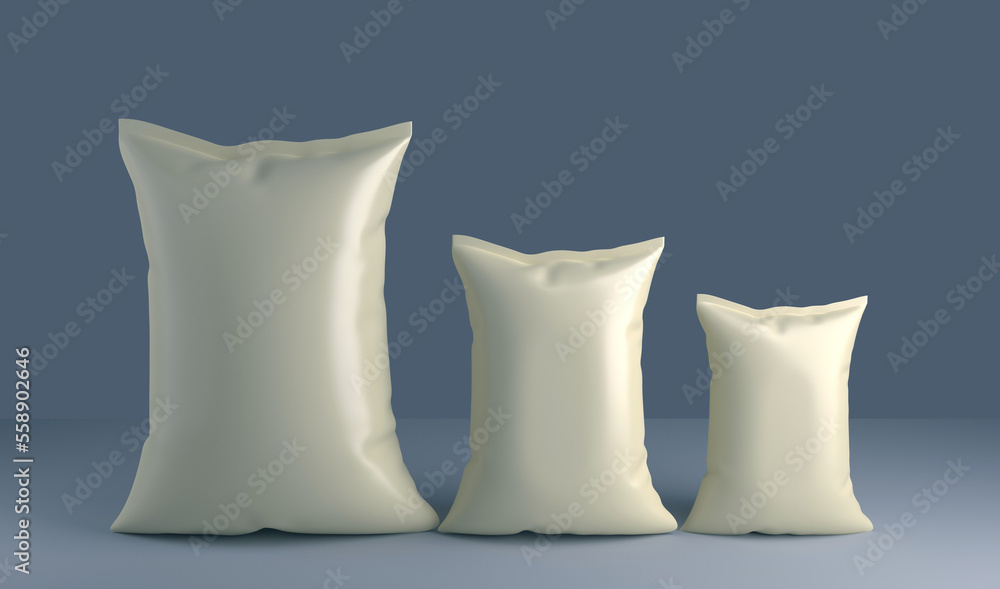 Three chips pack sizes mockup stand, 3d rendering. Empty sealed plastic ...