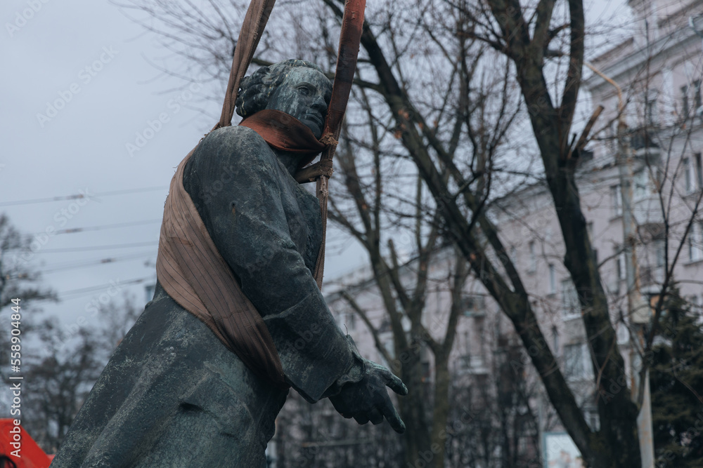 Dismantling of the monument to Russian scientist Mikhail Lomonosov in ...