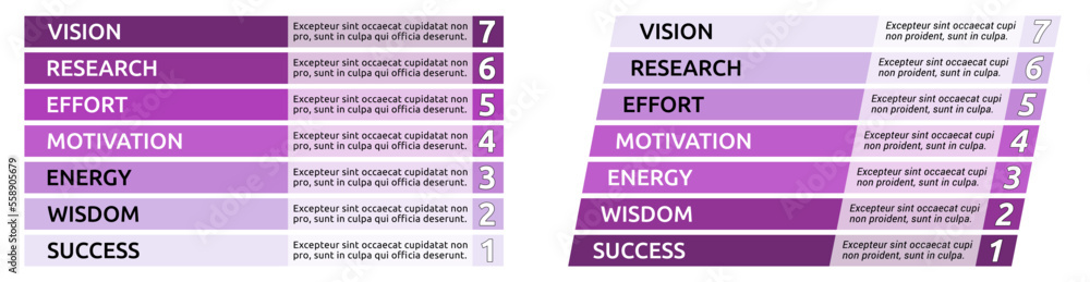 Simple seven steps or levels infographics, 7 purple brown bar with text ...