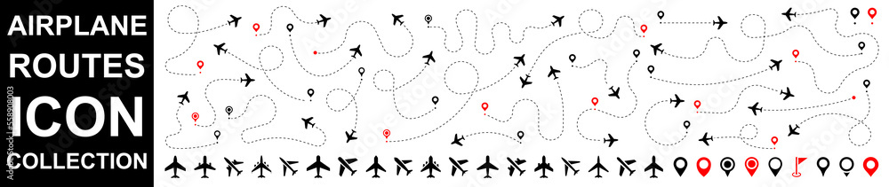 Airplane routes set. Plane route line. Planes dotted flight pathway ...