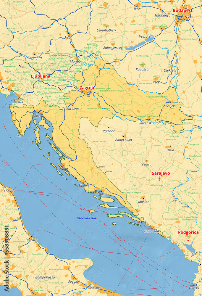 Kroatien Karte mit Städten Straßen Flüssen Seen Stock Illustration ...