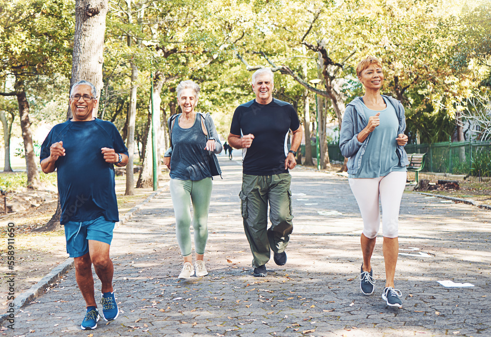 Fitness, running and senior people in park for healthy lifestyle, body ...