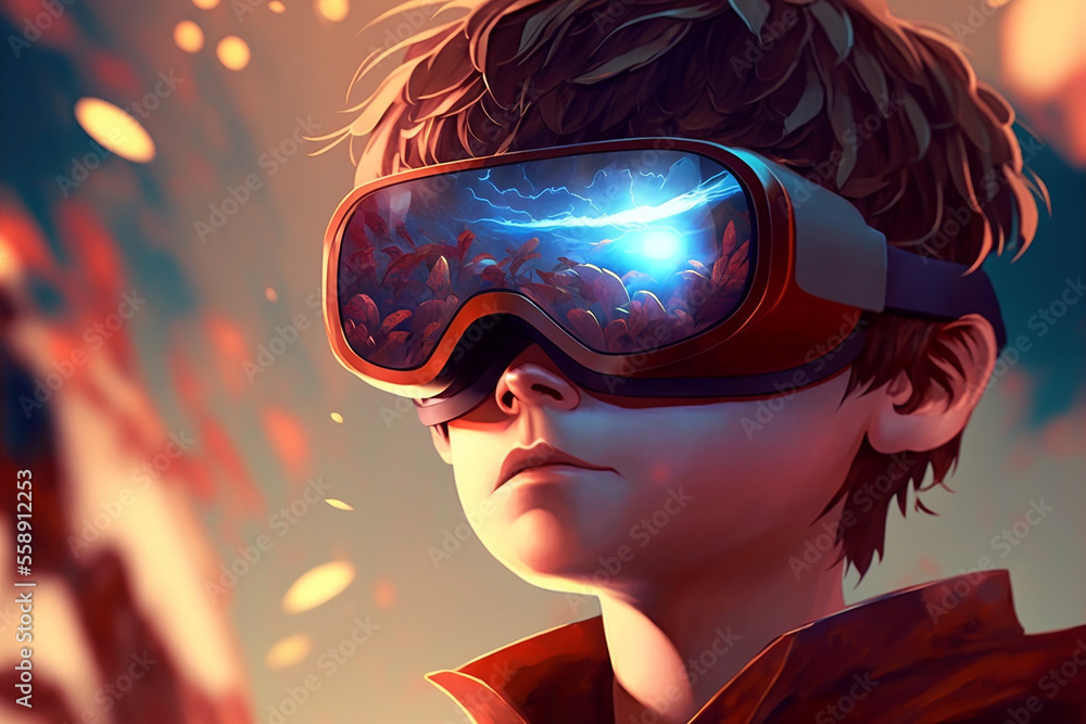Young boy with the virtual reality glasses is in the metaverse ...