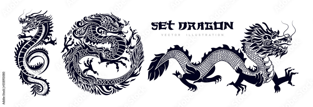 Vetor de Traditional Chinese Dragon. Set of black asian dragons. Happy ...