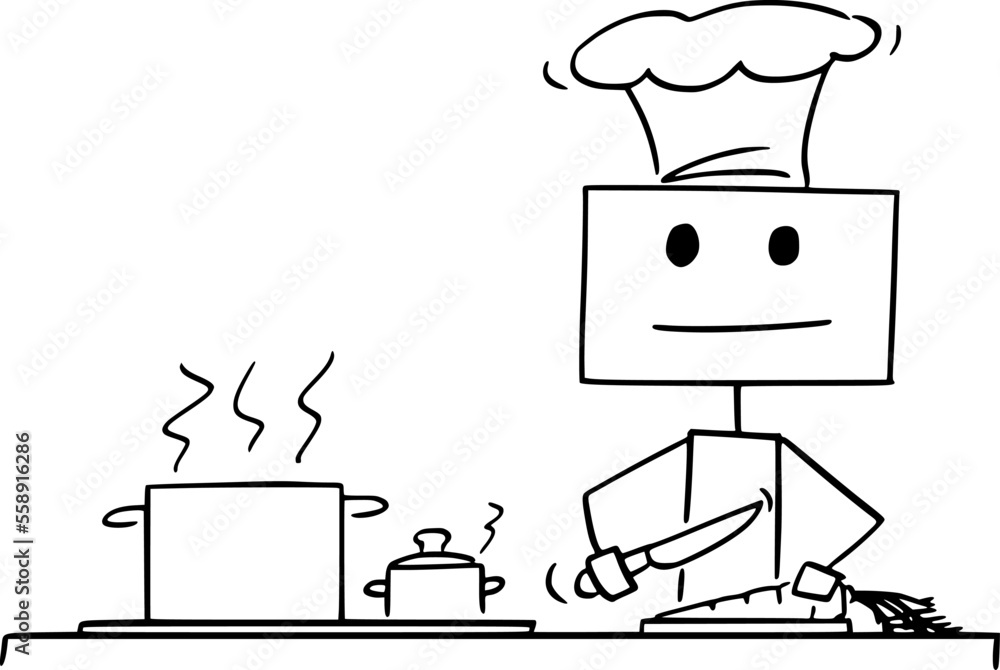 Robot Chef or Cook Cooking in Kitchen , Vector Cartoon Stick Figure ...