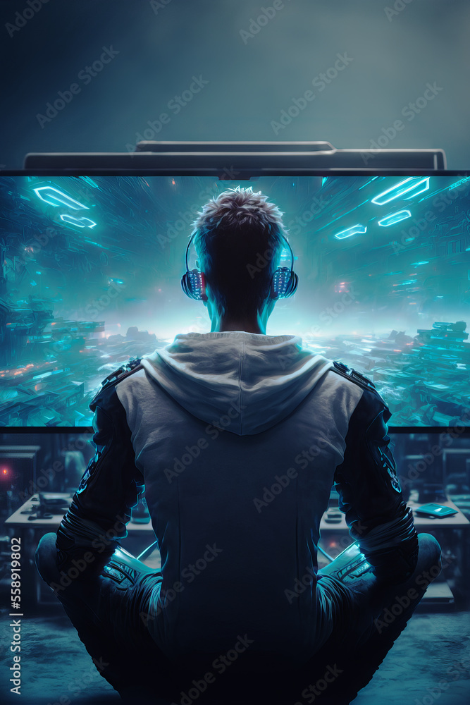 Man playing video games in a futuristic interior. Back view of a gamer ...