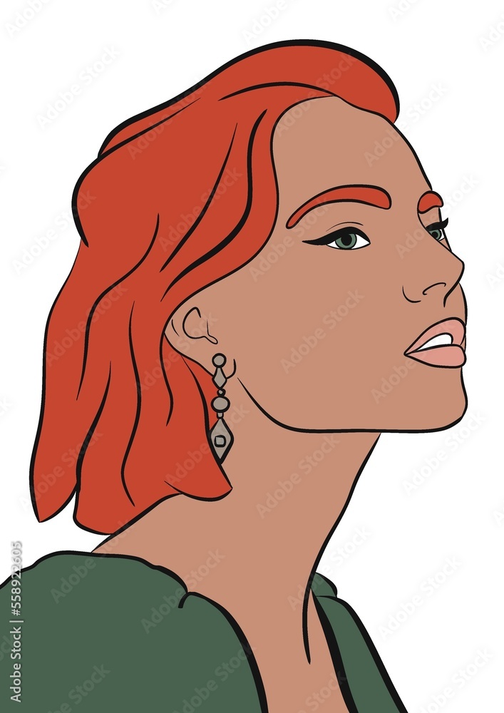 Illustration d’un portait d’une jeune femme rousse vu de profil à la ...