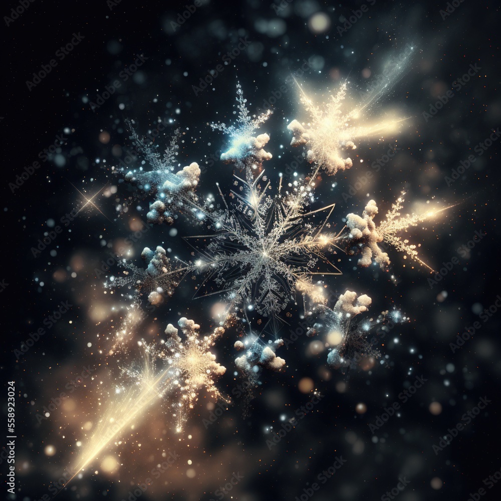 a snowflake is shown in the dark sky with stars and snow flakes on it's ...