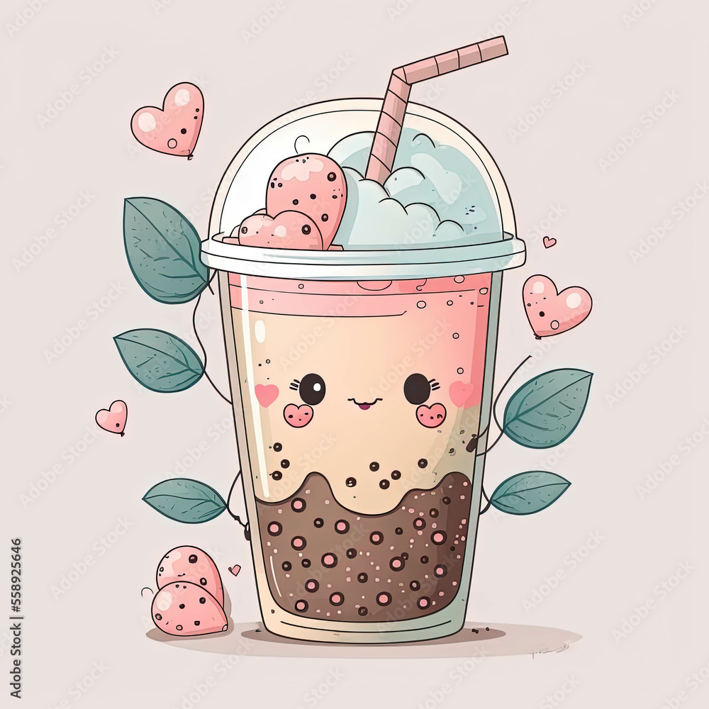 valentines day boba tea doodle chibi cartoon style Stock Illustration ...