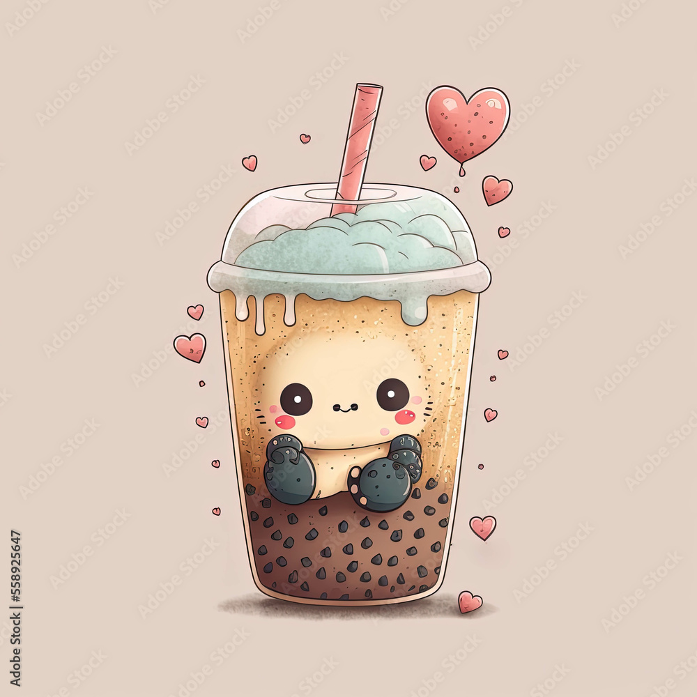 valentines day boba tea doodle chibi cartoon style Stock Illustration ...