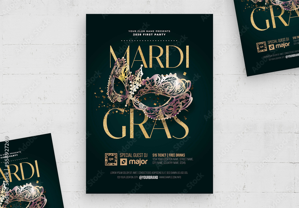 Elegant Mardi Gras Masquerade Carnival Flyer Poster Layout Stock ...