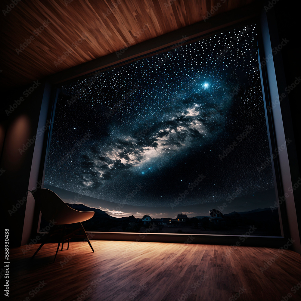 Watching the stars from home. Starry night at the window. Room at night ...
