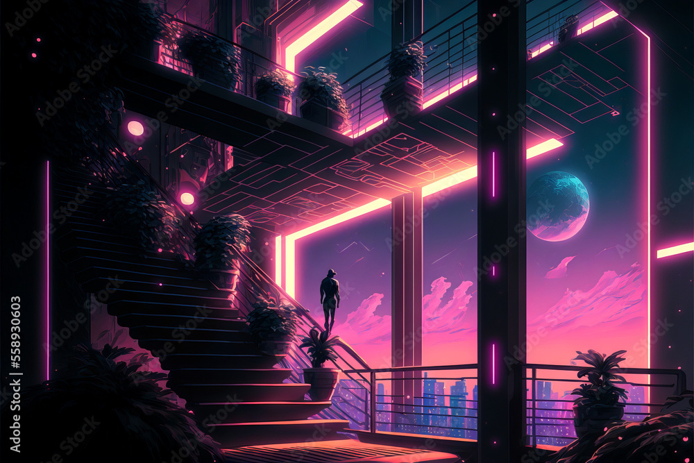 Futuristic dreamy illustration of a glowing balcony. Generative ai ...