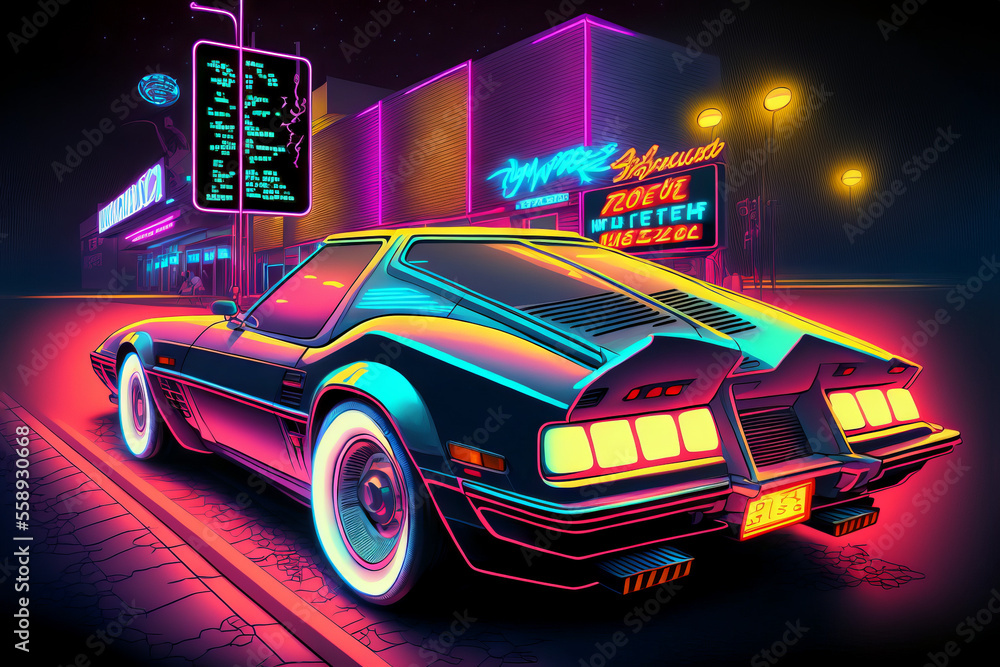 Future Retro Cartoon car with neon sign and lights. Colorful with dark ...