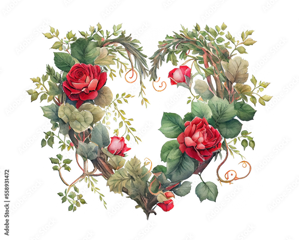 Romantic heart vignette made of vintage flowers and leaves of roses in ...