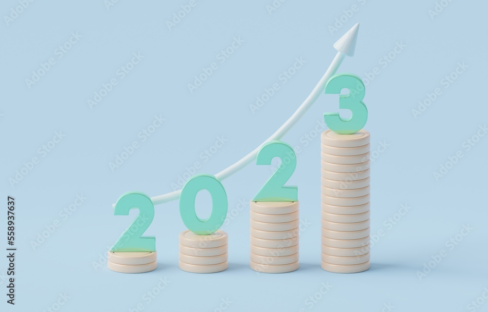 Rising coin stacks with exponential arrow graph of year 2023, rapid ...