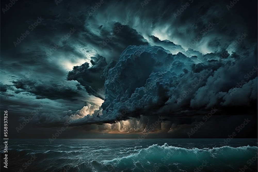 a storm is coming over the ocean with a boat in the water below it and ...