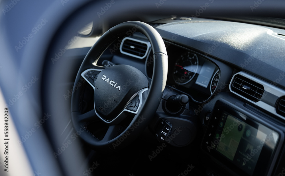 Steering wheel of Dacia Duster with the new logo part of the rebranding ...