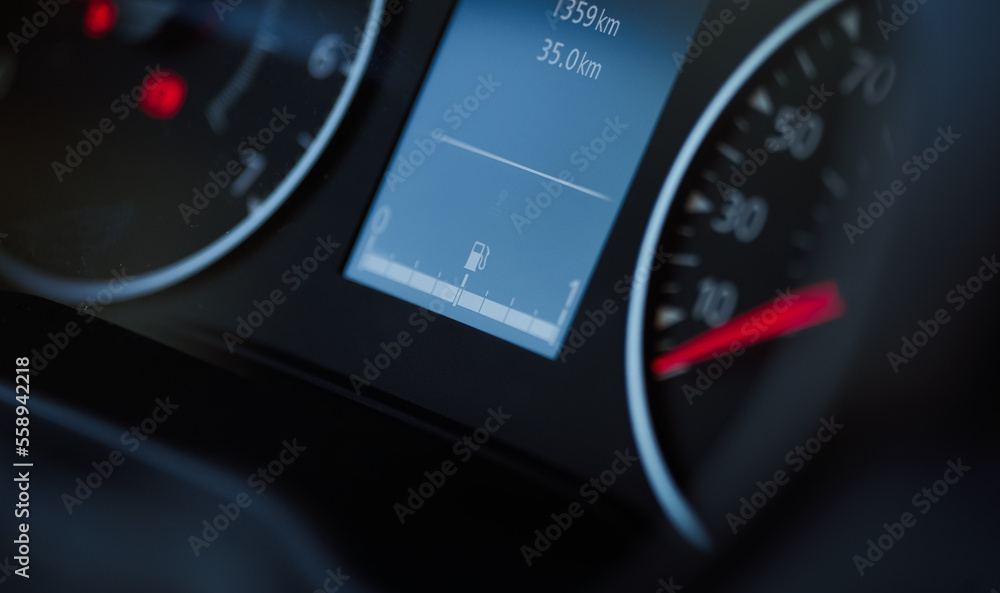 Fuel tank sign indicator on the dashboard display of a new car. Full ...