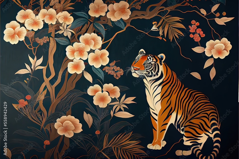 Asian tiger wallpaper painted in a Japanese style.Generative AI Stock ...