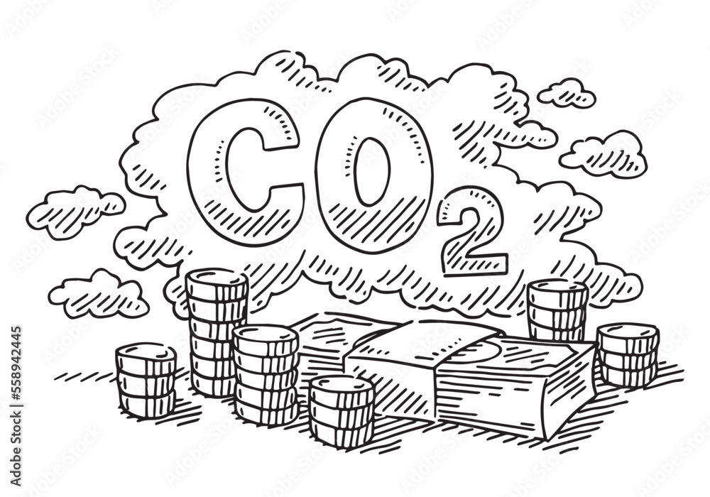 Hand-drawn vector drawing of a Carbon Dioxide Emission Pricing. Black ...
