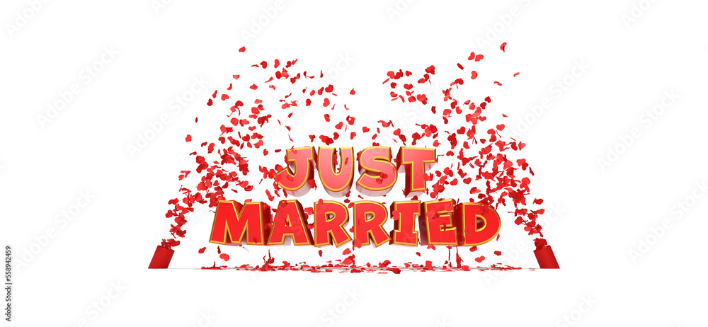 just married - title on transparent background with confettis - 3D ...