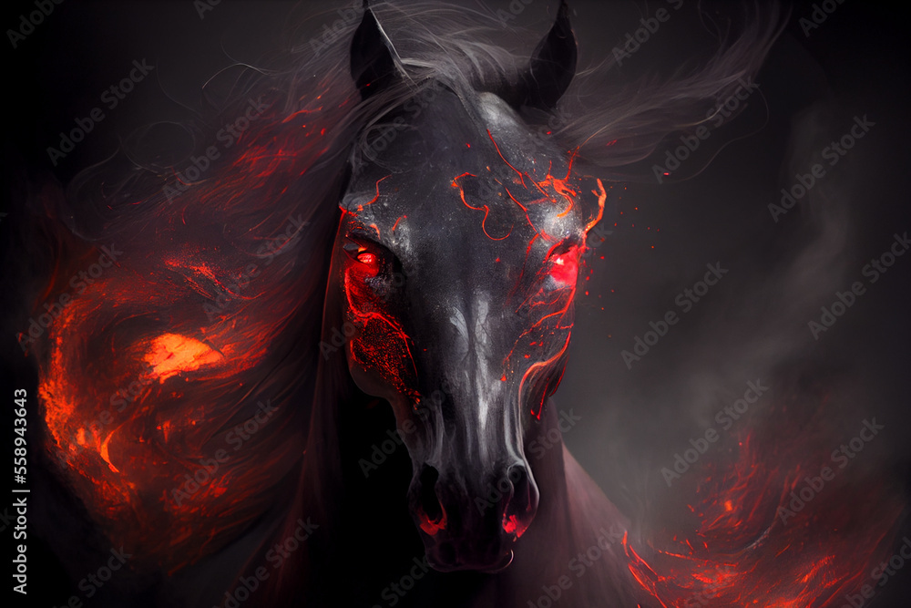 Black burning demonic horse with fiery eyes Stock Illustration | Adobe ...