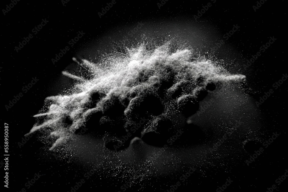 Explosion of white dust powder and particles on black background asset ...