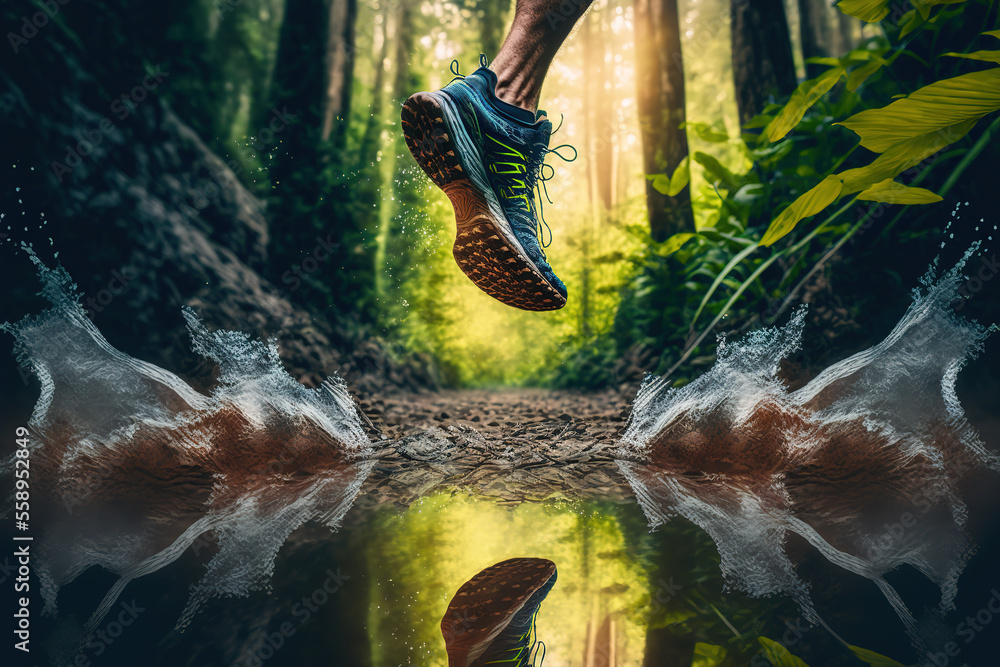 A runner feet is jumping across the water pond during running on the ...