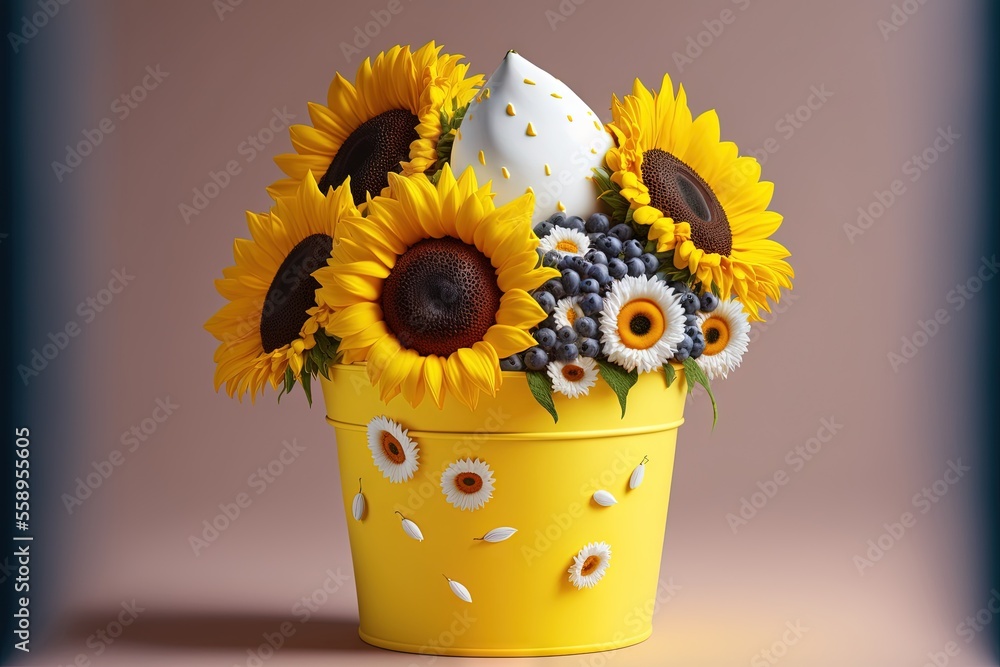 a yellow bucket with sunflowers and a white egg in it on a pink ...